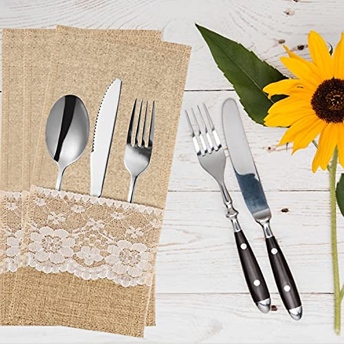 Gbateri 30 Pack Natural Burlap Cutlery Pouch,Burlap Silverware Holders Silverware Bags, Hessian Burlap Lace Utensil Napkin Holders, Knifes Forks Bag with Cotton Inner for Vintage Wedding Christmas
