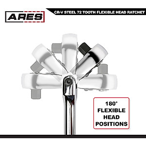 ARES 42026 - Flex Head Ratchet - 3/8-inch Drive 72-Tooth Ratchet - Premium Chrome Vanadium Steel Construction & Chrome Plated Finish - 72-Tooth Quick Release Reversible Design with 5 Degree Swing