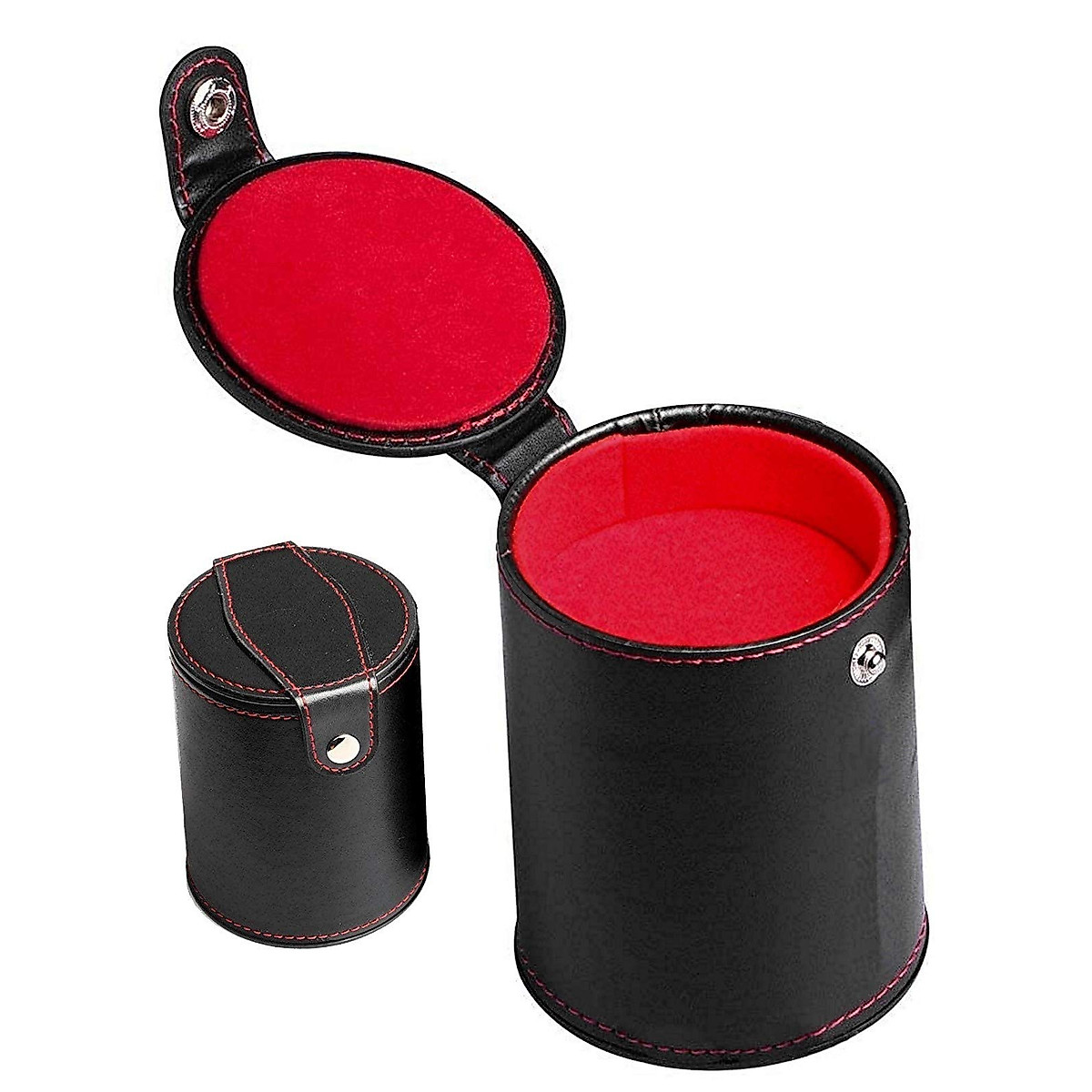 Set of Dice Cup with Storage Compartment Black PU Leather Red Felt Lined + (5) 16mm Tranparent Dice (Gift Boxed) (Smoke/Red)