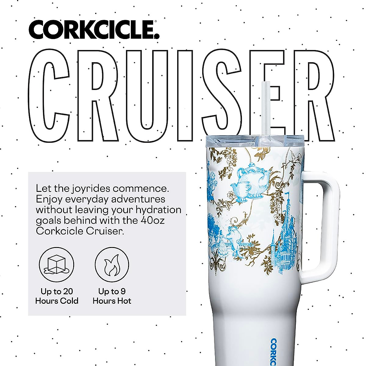 Corkcicle x Disney Princess Belle Cruiser Insulated Tumbler with Handle & Straw - 40 oz Reusable Water Bottle Keeps Beverages Cold for 20 Hrs, Hot for 9 Hrs – Cupholder Friendly, Spill Proof Tumbler