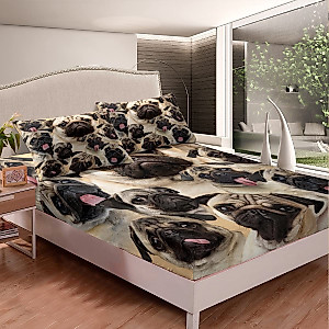 Pug Dog Bedding Sheet Set Full Size for Kids Teen Bedroom Decorations, Cute Brown Puppy Print Deep Pocket with 2 Pillow Shams, Kawaii Animal Theme Fitted Sheet for Festival Gift