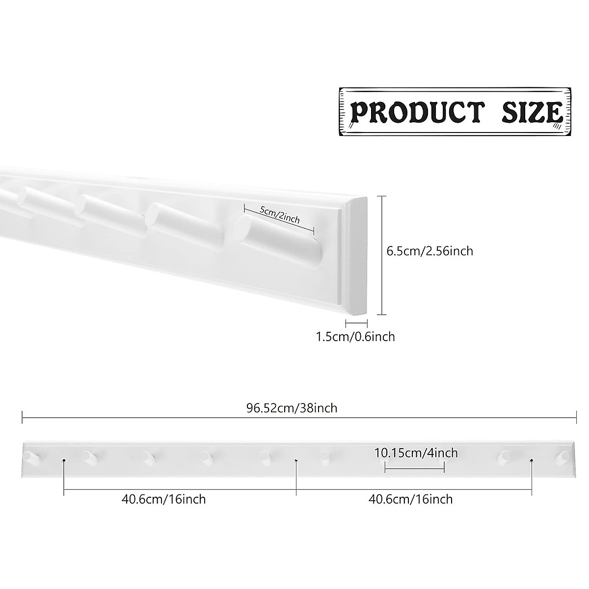 horkmous 2PCS Coat Rack Wall Mounted, Long 38'' Wooden Wall Coat Hooks with 10 Pegs, Wall Peg Rail Hangers for Hanging Towels, Hats, Backpacks, Clothing, Caps(White)