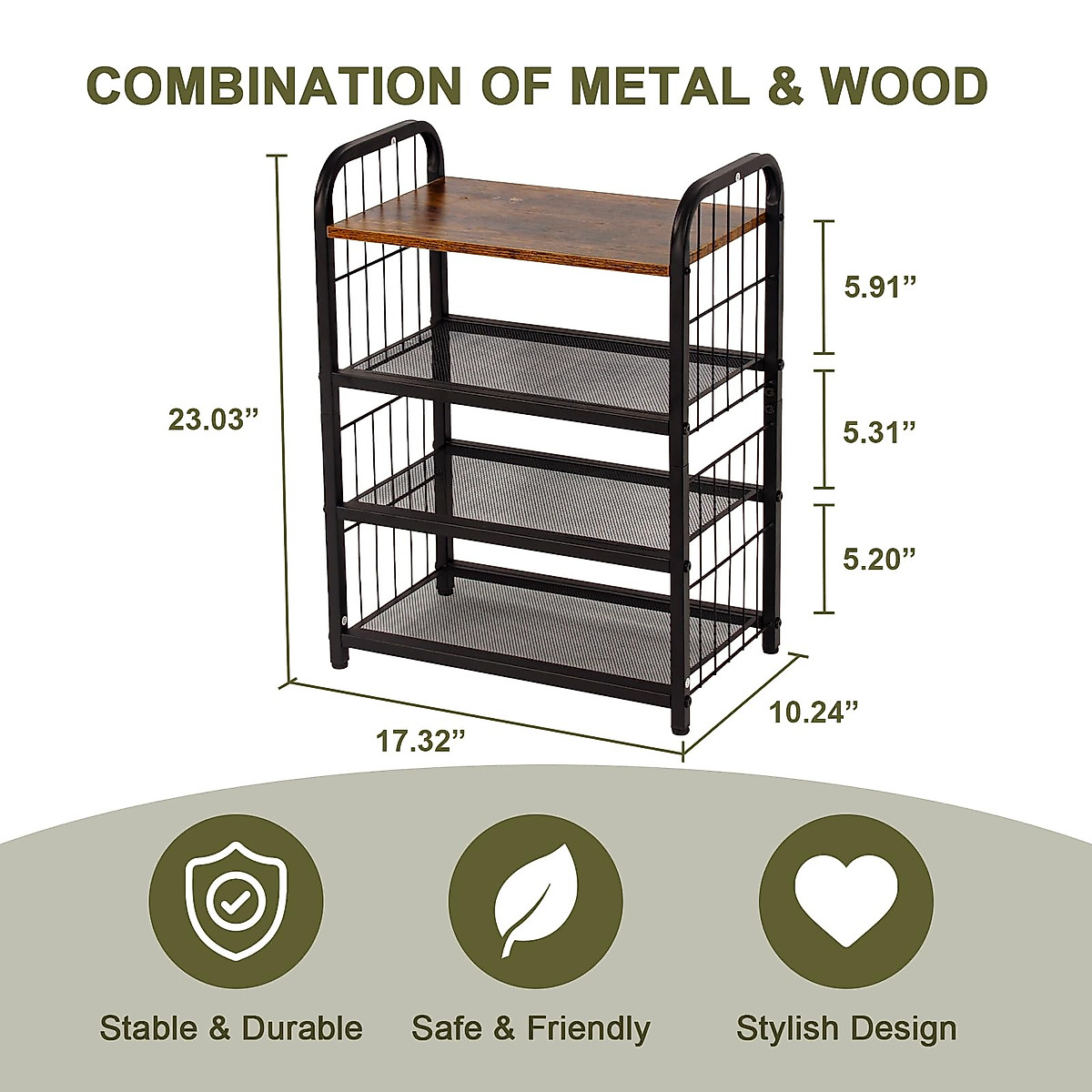 BWOORACKU Shoe Rack, 4-Tier Shoe Organizer with Guardrails, Heavy-Duty Metal Mesh Shelves & Rustic Wooden Top for Stylish Closet & Front Door Storage