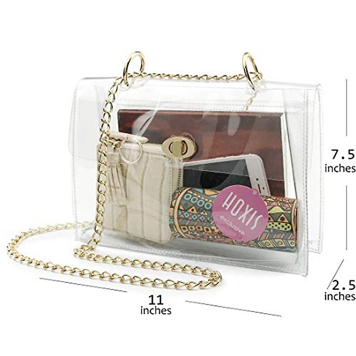 Women Clear Flap Top Chain Shoulder Handbag with Turn Lock Minimalist Messenger Purse for Stadium Approved (Clear)