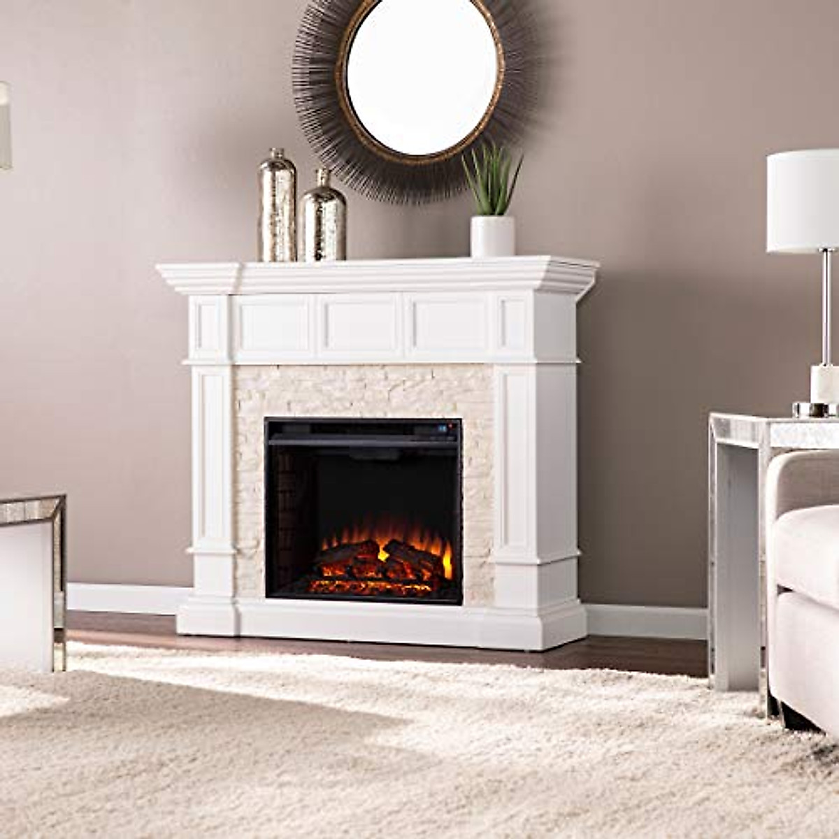 SEI Furniture Merrimack Faux Stone Convertible Electric Corner Fireplace, Fresh White, AMZ8369EF