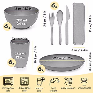 FOODLE Wheat Straw Dinnerware Sets for 6 - Lightweight & Unbreakable - Microwave & Dishwasher Safe - Perfect for Picnic, Dorm, RV Dishes - Camping Plates Cups and Bowls Set - Great for Kids & Adults