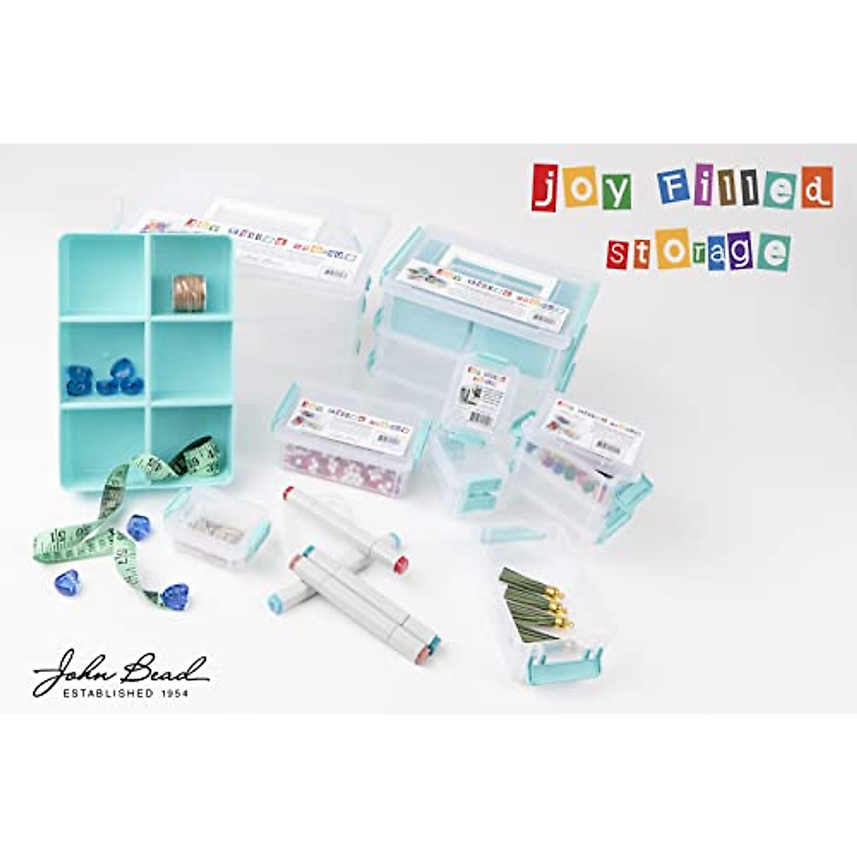 Joy Filled Storage - 3 Clear Stackable Containers with Handle and 6 Compartment Insert (10x7x2.5in) - with Turquoise Detail for Craft, Ideal for Food Storage and Organizing Containers