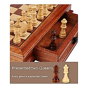 THPT High-end 16" Drawer Wooden Chess & Checker Set for Adults 2 Extra Queen Wooden Chessmen Classic Board Game Gift for Men Board Games (Size : L)