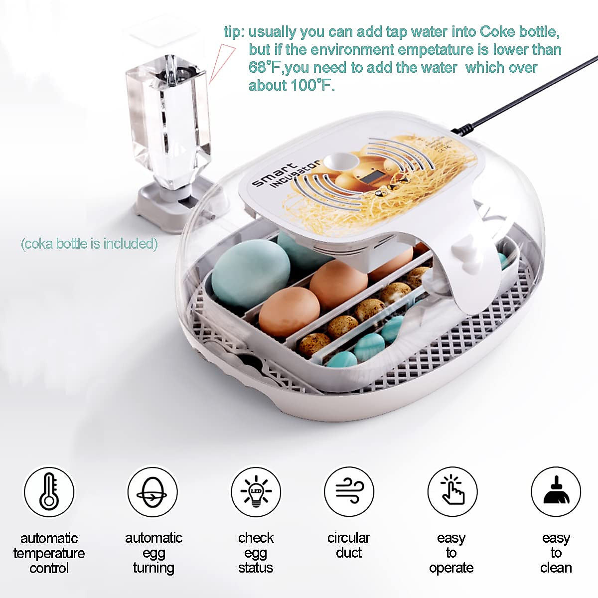 Lreerge Egg Incubator, 12 Eggs Incubator with Automatic Egg Turning, Automatic Water Adding, 360 Degree View, for Hatching Chicken Goose Quail Duck