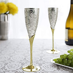 SIMCS HANDICRAFTS Royal Handmade Engraved Silver Plated Brass Champagne Flutes Set of 2 Wine Goblets for Valentine Wedding Christmas Housewarming Gifts with Presentation Velvet Bags