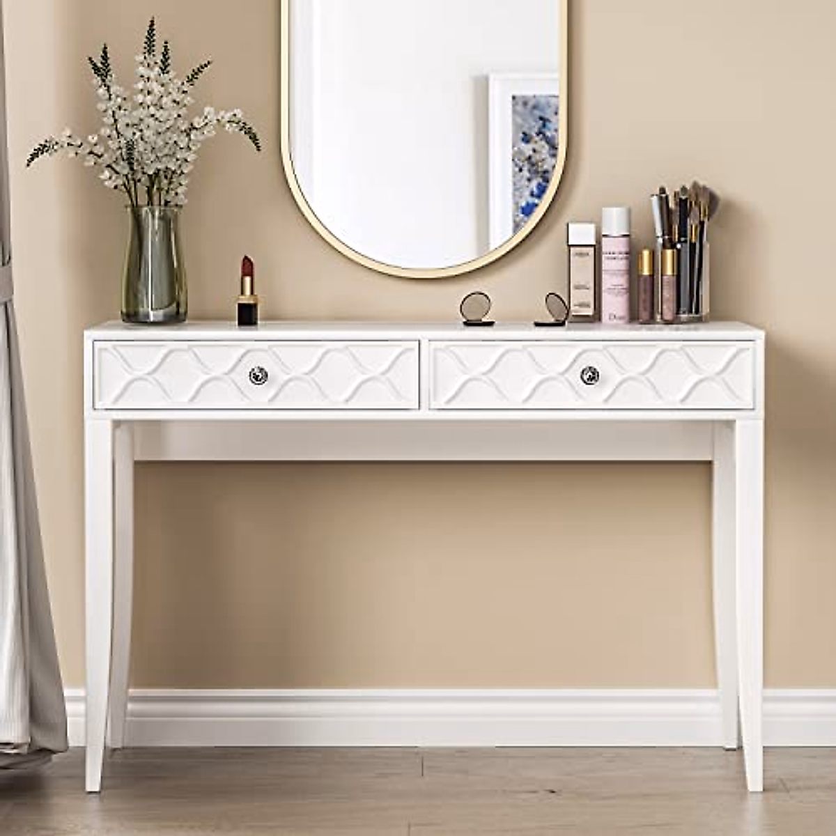 White Vanity Desk with Drawers, Wood Home Office Desk Modern Simple Makeup Vanity Table, 43 Inch Entryway Console Table