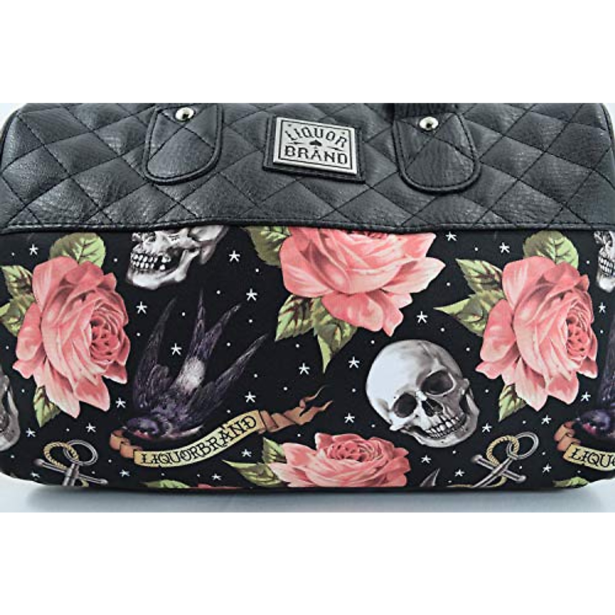 Liquorbrand Skulls & Pink Roses Satchel Purse Rockabilly Tattoed Lady Handbag Small Satchel Purse Crossbody bag