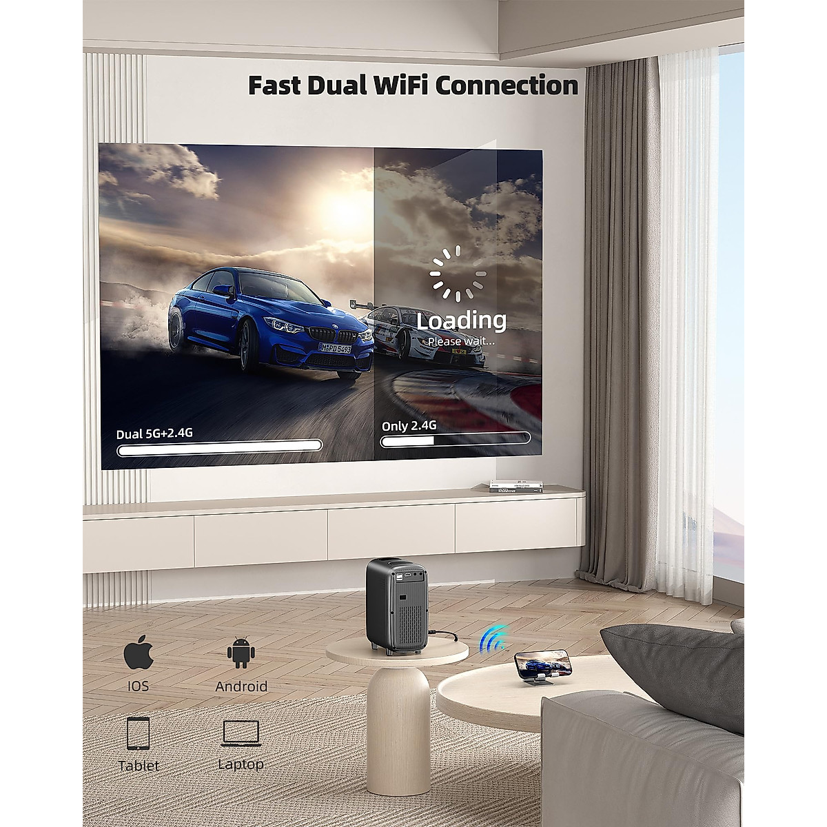 Movie Projector Bluetooth WiFi Portable: Mini 4K Projectors Native 1080P Full HD 12000L Outdoor Video Wireless TV Home Theater Indoor Compatible with Phone Laptop PC TV Stick