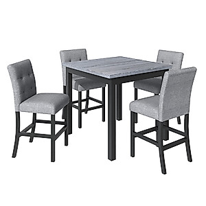 Harper & Bright Designs 5-Piece Counter Height Dining Set,Wood Square Dining Room Table and Chairs Stools with Footrest & 4 Upholstered High-Back Chairs,Kitchen Dining Furniture(Black)