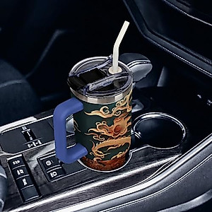 40 Oz Vacuum Tumbler with Deep Blue Handle Leakproof Insulated Tumbler Dragon Chinese Background Stainless Steel Travel Mug with Lid And Straw Coffee Cup Cute Water Bottles Cup Holder Friendly