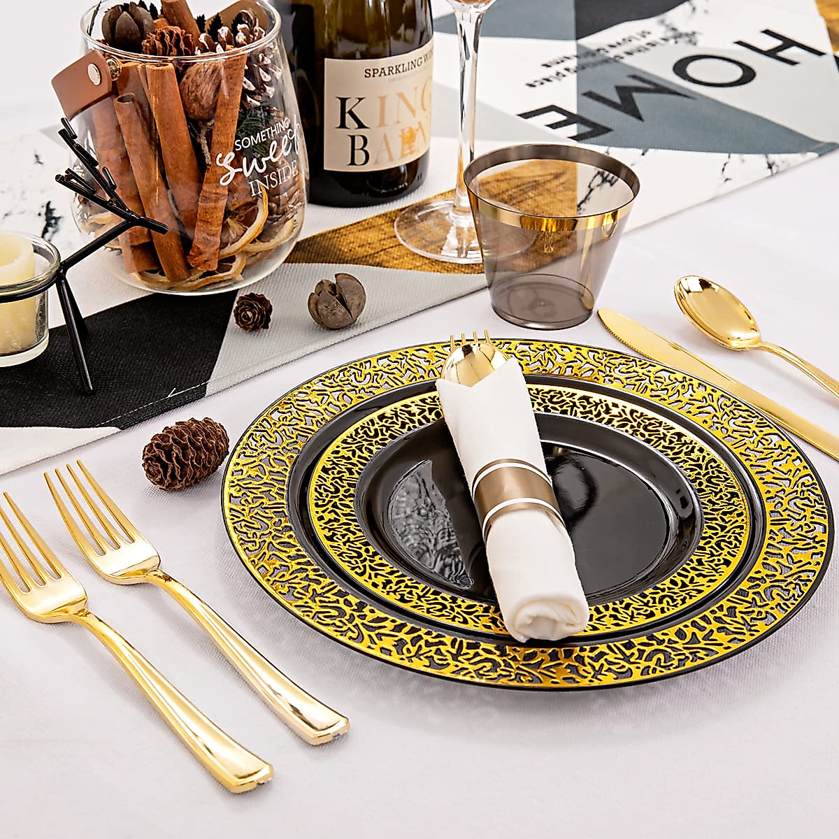 NOCCUR 210pcs Black and Gold Plates - Black Gold Plates and Napkins Party Supplies Include 30 Dinner Plates, 30 Dessert Plates, 30 Prerolled Plastic Cutlery and 30 Cups - Ideal for Party&New Year