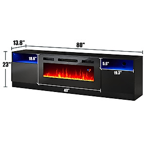 AMERLIFE 80" TV Stand with 40" Electric Fireplace Large Modern Wood Texture Media Entertainment Center with Highlight Storage Cabinet and 12 Colors LED Lights for TVs Up to 90", 80 inches, Black
