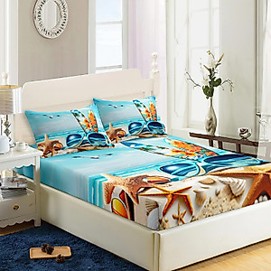 AILONEN Beach Fitted Sheet Set Full Size, Ocean Theme Bed Sheet Set,Starfish Coastal Sheets Set for Boys Girls,Surfboard Sheets Set 3 Pieces, 1 Fitted Sheet and 2 Pillowcases