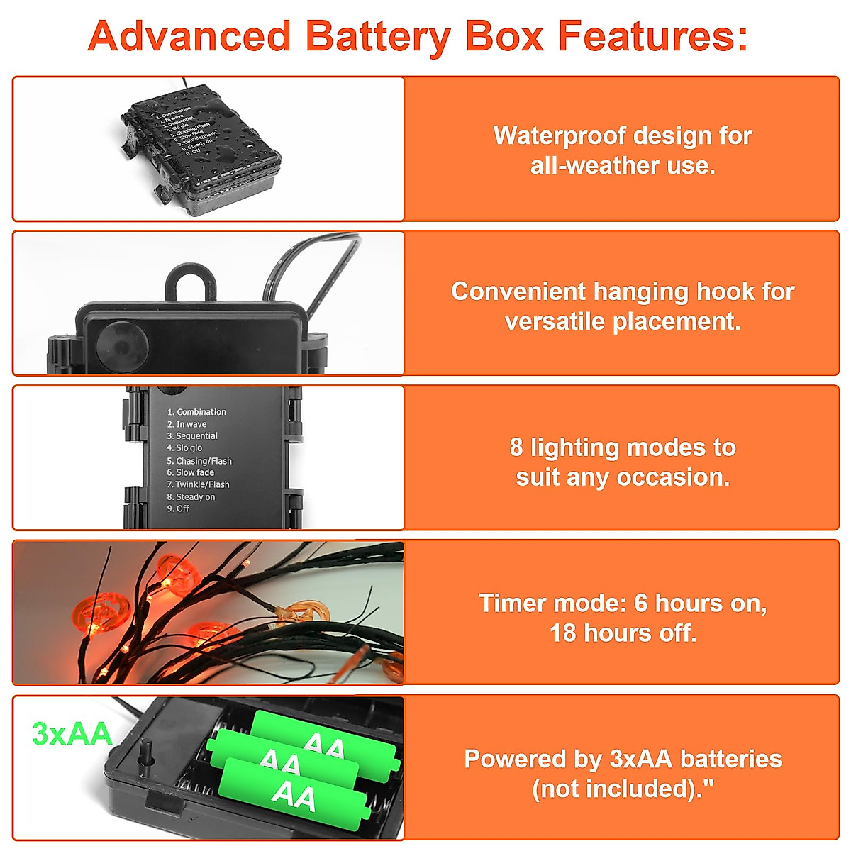 BOLWEO Halloween Willow Vine Twig Garland Lights, 6ft Pumpkin Lights Battery Operated with Timer 8 Modes Waterproof Halloween Decorations for Wall Window Door