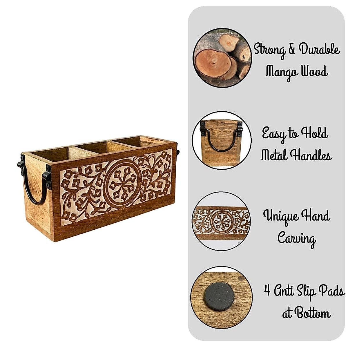 3 Compartment Farmhouse Wooden Flatware Caddy with Metal Handles for Kitchen Countertop, Silverware Caddy for Buffet Party, Rustic Wood Utensil Cutlery Holder, Bathroom Dining Table Office Organizer