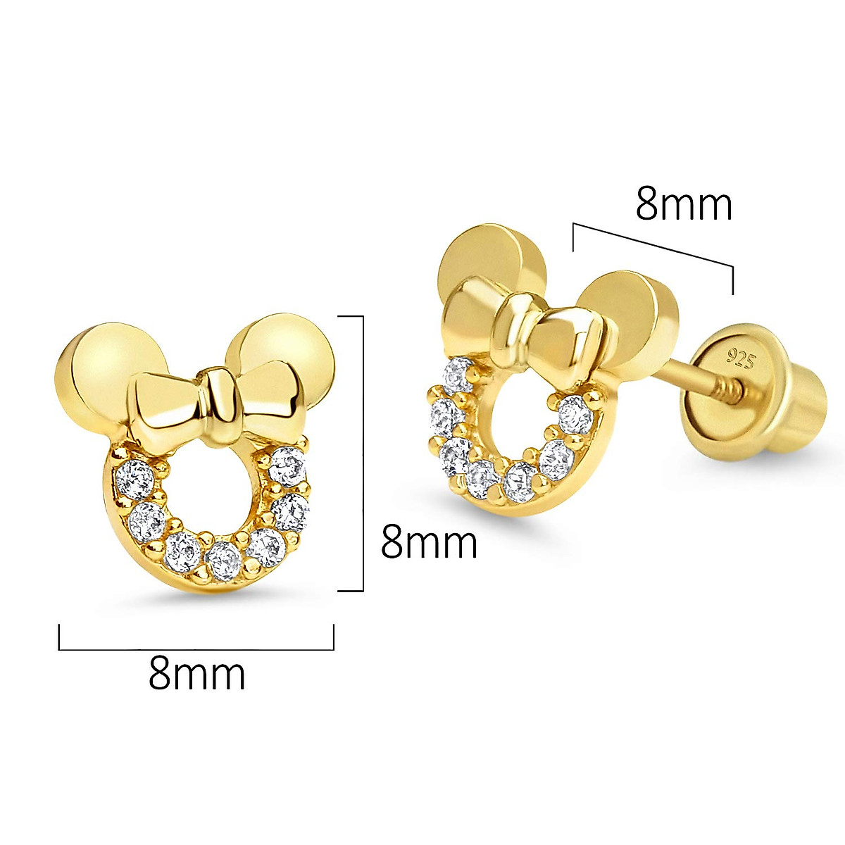 14k Gold Plated Brass Mouse Cubic Zirconia Screwback Baby Girls Earrings with Sterling Silver Post