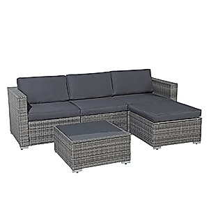Patiorama 5 Piece Outdoor Patio Furniture Set, Outdoor Sectional Conversation Set, All-Weather Grey PE Wicker w/Dark Grey Cushions, Outdoor Backyard Porch Garden Poolside Balcony Furniture Set