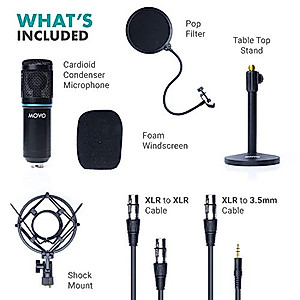 Movo PC-M6 Universal Cardioid Condenser Microphone Bundle with Tabletop Mic Stand, Dual Layer Pop Filter, and Audio Cables - Great Studio Equipment Kit with Perfect Singing Microphone for Recording