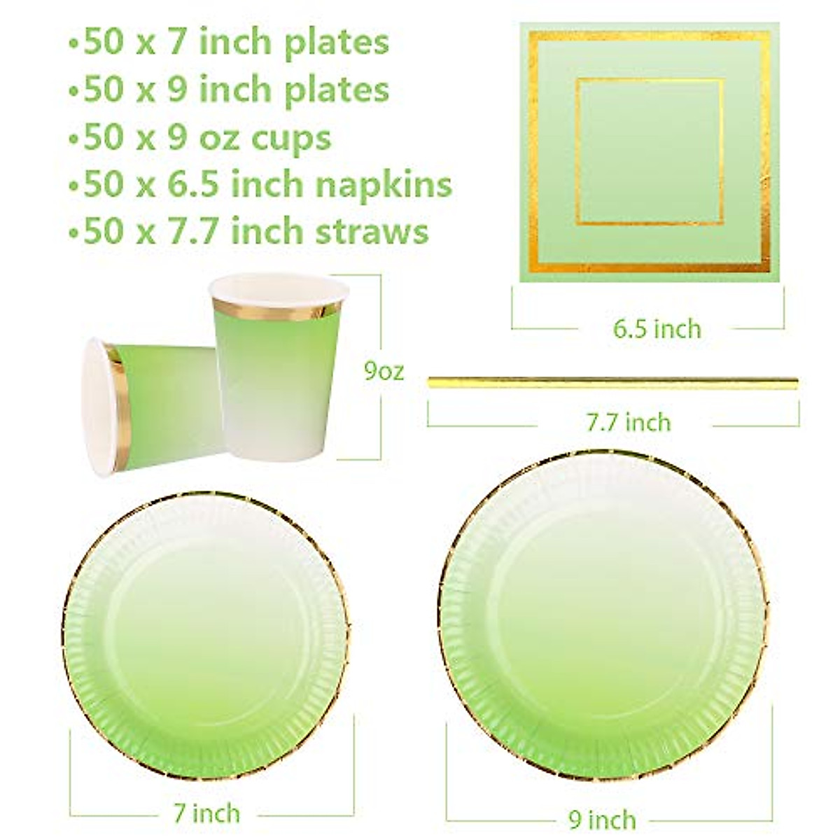 Ottin Ombre Lime Neon Green Party Supplies 50-counts Festive Paper Plates and Napkins Set for Birthday Wedding Engagement Mother's Day Baby Shower