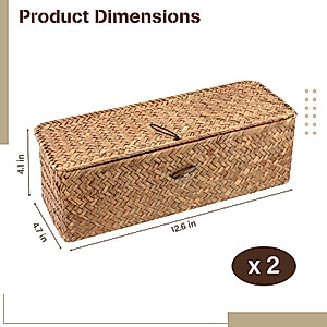 Lnrueg 2 PCS Woven Basket with Lid Seagrass Tank Toilet Roll Storage Narrow Thin Basket with 3 Sections Rectangular for Organizing 12.6L x 4.7W x 4.1H Inch