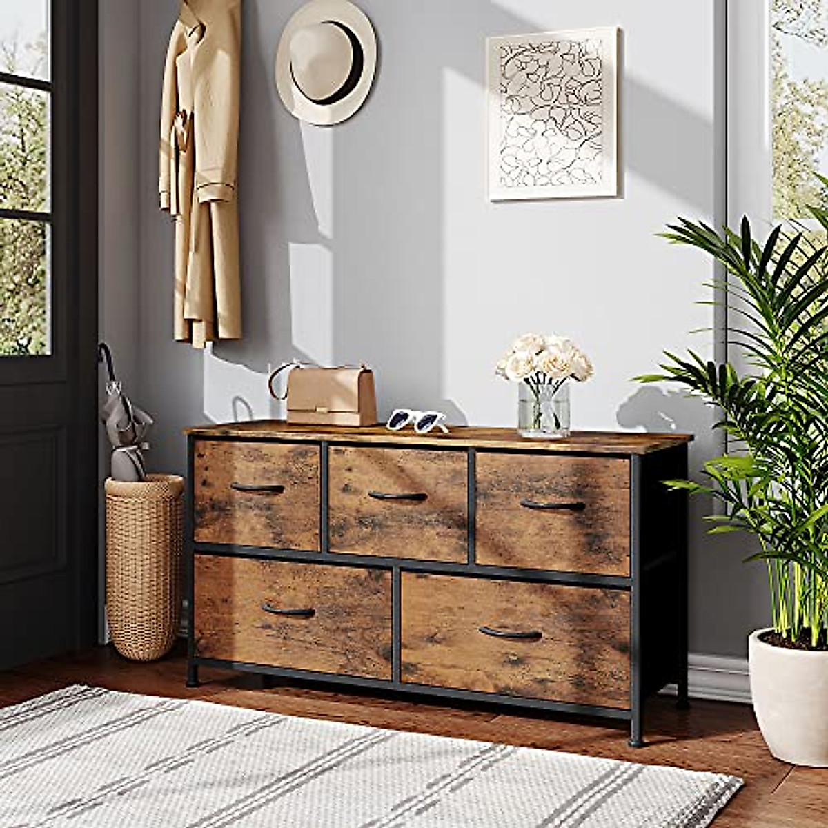 WLIVE Dresser for Bedroom with 5 Drawers, Wide Chest of Drawers, Fabric Dresser, Storage Organizer Unit with Fabric Bins for Closet, Living Room, Hallway, Nursery, Rustic Brown Wood Grain Print