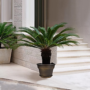 Plant Planters Pots Set of 4 Pack 11 Inch, Plastic Flower Pot for Indoor Plants with Drainage Holes & Trays, Resin Decorative Container Sets with Saucer for House Outdoor Garden Planters Dark Gold