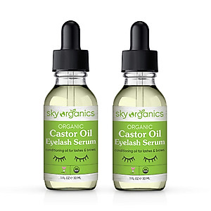 Organic Castor Oil Eyelash Serum By Sky Organics (1oz x 2 Pack) Cold-Pressed, 100% Pure Castor Oil - Dry Skin, Hair Growth, Eyelashes & Eyebrows growth- Caster Oil Lash Enhancer with Mascara Brushes