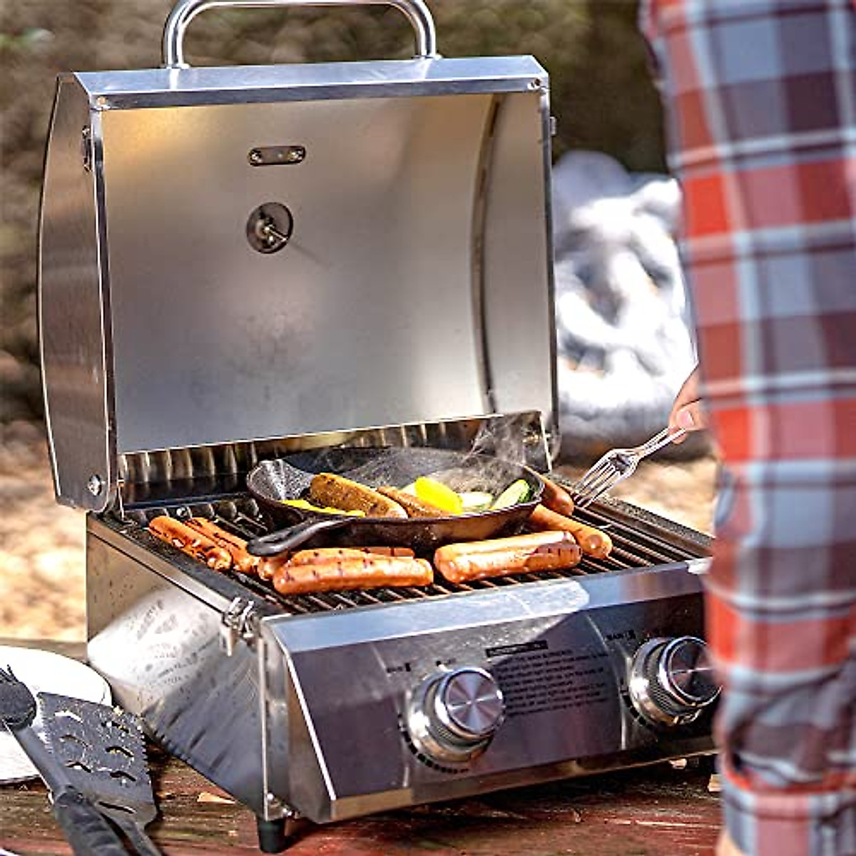 Monument Grills Tabletop Propane Gas Grill for Outdoor Portable Camping Cooking with Travel Locks, Stainless Steel High Lid, and Built in Thermometer