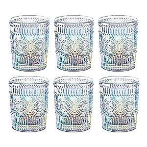 Joeyan Iridescent Drinking Glasses Vintage Glassware Sets Rainbow Embossed Romantic Water Glass Tumbler Great for Juice Cocktail Wine, 10 oz, Set of 6