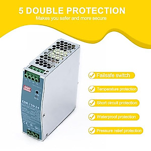 Mean Well EDR-150-24 24V 6.5A 156W/125W Industrial DIN Rail Power Supply - Rugged, Reliable Performance, Wide 90-264VAC Input, Extended -20°C~+60°C Operating Temperature Range