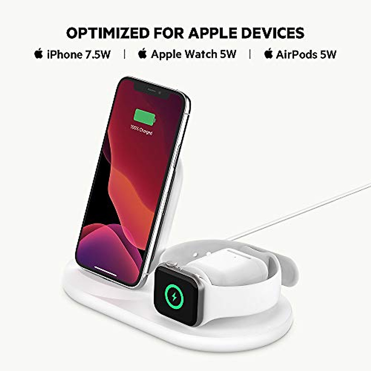 Belkin 3-in-1 Wireless Charger - Fast Wireless Charging Stand for Apple iPhone, Apple Watch & AirPods - iPhone Case Compatible Qi Charger - Wireless Charging Station For Multiple Devices - White