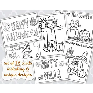 Halloween Coloring Cards Printed Greeting Cards Fall Harvest Autumn Pumpkin October Assortment Flat Coloring Pages and Envelopes Kids Adult DIY Crafts Grandchildren Assorted Printed Cards (12 Count)