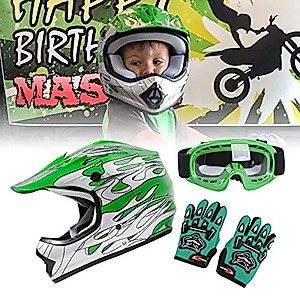TCT-MOTORPARTS DOT Motorcycle Four Wheeler Riding Racing Helmet Youth Kids Motocross ATV Helmets Offroad Street Dirt Bike Go-Kart BMX MX Full Face Helmet Green Flame Medium Size