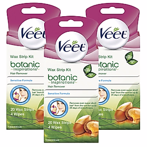 Veet Hair Removal Wax Strips- Botanic Inspirations Easy- Gelwax Technology, Sensitive Formula Hair Remover Wax Strip Kit with Argan Oil, 20 wax strips with 4 wipes (Pack of 3)