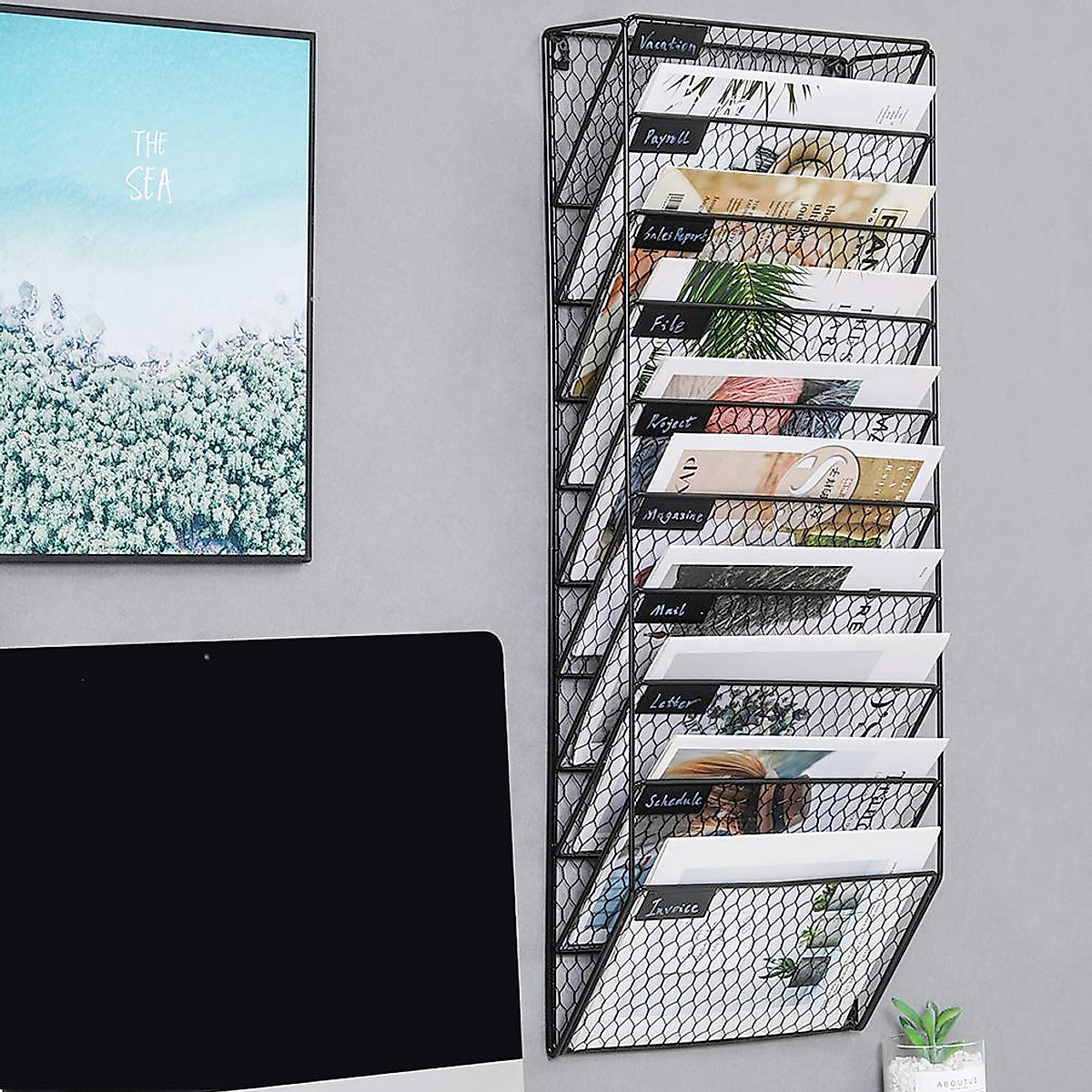 PAG 10 Pockets Wall File Holder Wall Mounted Mail Sorter Organizer Metal Chicken Wire Hanging Magazine Rack, Black