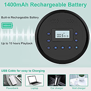 CD Player Portable, MONODEAL Rechargeable Portable CD Player with Built-in Speakers, Walkman CD Player for Car and Personal Use, Anti-Skip CD Player with Headphones