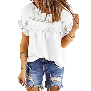Dokotoo Blouses, Fashion 2025 Summer Crochet Lace Round Neck Short Sleeve Shirts Back Button Down Pom Pom Boho Casual Solid Chiffon Blouse Womens Tops White Large