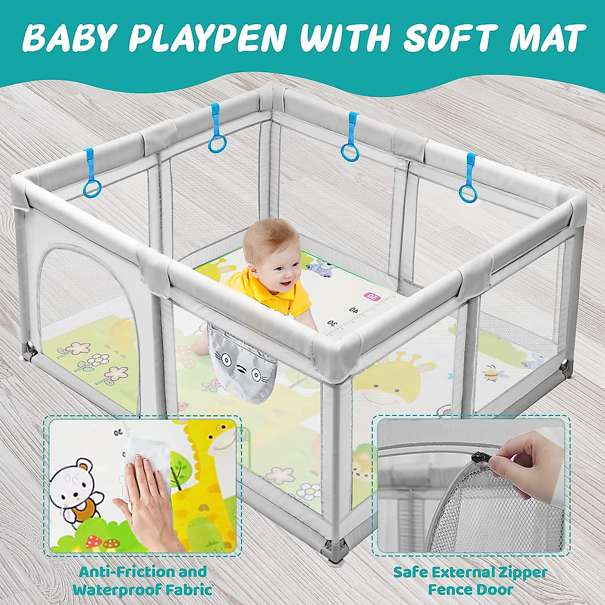 Baby Playpen, Playpen for Babies and Toddlers, Indoor & Outdoor Playard Kids Activity Center with Mat, Anti-Slip Base, Sturdy Safety Baby Playpen with Gate 50''x 50''x 27'' (Light Grey)