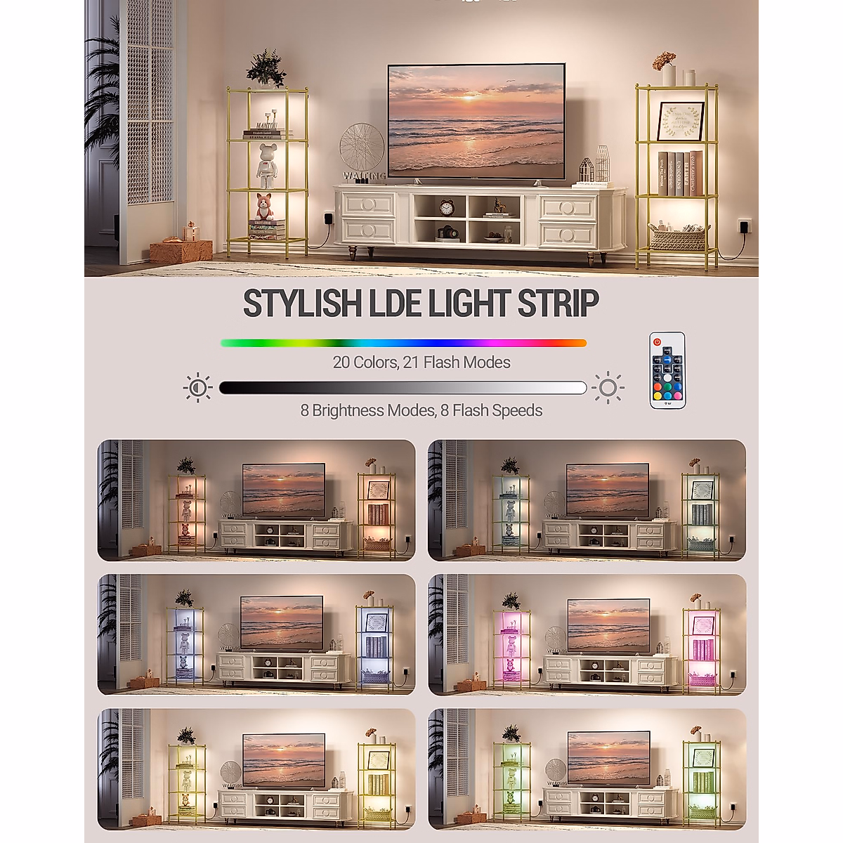 Hzuaneri Bookcase Bookshelf with LED Lighting, Tempered Glass Bookshelves, 8 Levels of Brightness and 20 Colors, Slim Shelving Unit for Bedroom Bathroom, Home Office, Steel Frame, 5 Tier Gold BC23599A