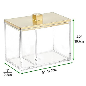 mDesign Modern Square Bathroom Vanity Countertop Storage Organizer Canister Jar for Cotton Swabs, Rounds, Balls, Makeup Sponges, Bath Salts - 2 Divided Sections - Clear/Soft Brass