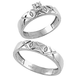 Sabrina Silver 10k White Gold Diamond 2 Piece Engagement Ring Wedding Band Set for Him and Her Cross Grooves 0.043 ctw Brilliant Cut Mens 5mm Ladies 4.5mm size 9.5