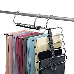 Closet Organizers and Storage, Magic Pants Hangers for Space Saving, Pant Hanger Rack Organizer Use for Scarf Jean Skirt ( 2-Pack with 10 Stainless Steel Clips ) (Black)