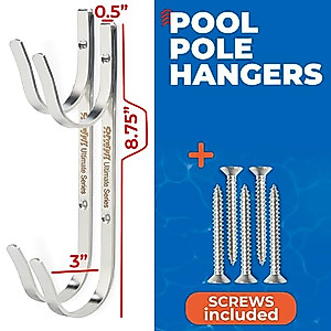Never Rust Pool Pole Hangers - 2 ProTuff Heavy Duty Double Hooks w/Unlimited Free Replacements - Ideal Pool Fence Hooks for Pool Equipment, Brush, Vacuum Hose, Skimmer & Garden Tool Organizer