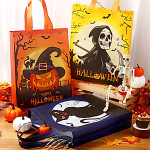 Paterr 30 Pcs Large Halloween Trick or Treat Bags Multifunctional Non Woven Halloween Tote Bags with Handles 6 Patterns Design Halloween Bags for Candy Wrapping Party Supplies, 11.8'' x 3.1'' x 15''