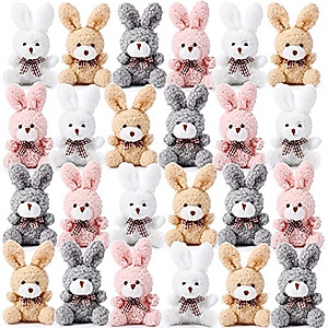 Sotiff 24 Pcs Plush Bunny Stuffed Animal Bulk 4.7 Inch Mini Bunnies Doll Keychain Furry Rabbit with Bow Tie for Boys Girls Birthday Party Favors Wedding Graduation Gifts Holiday (Classic Color)